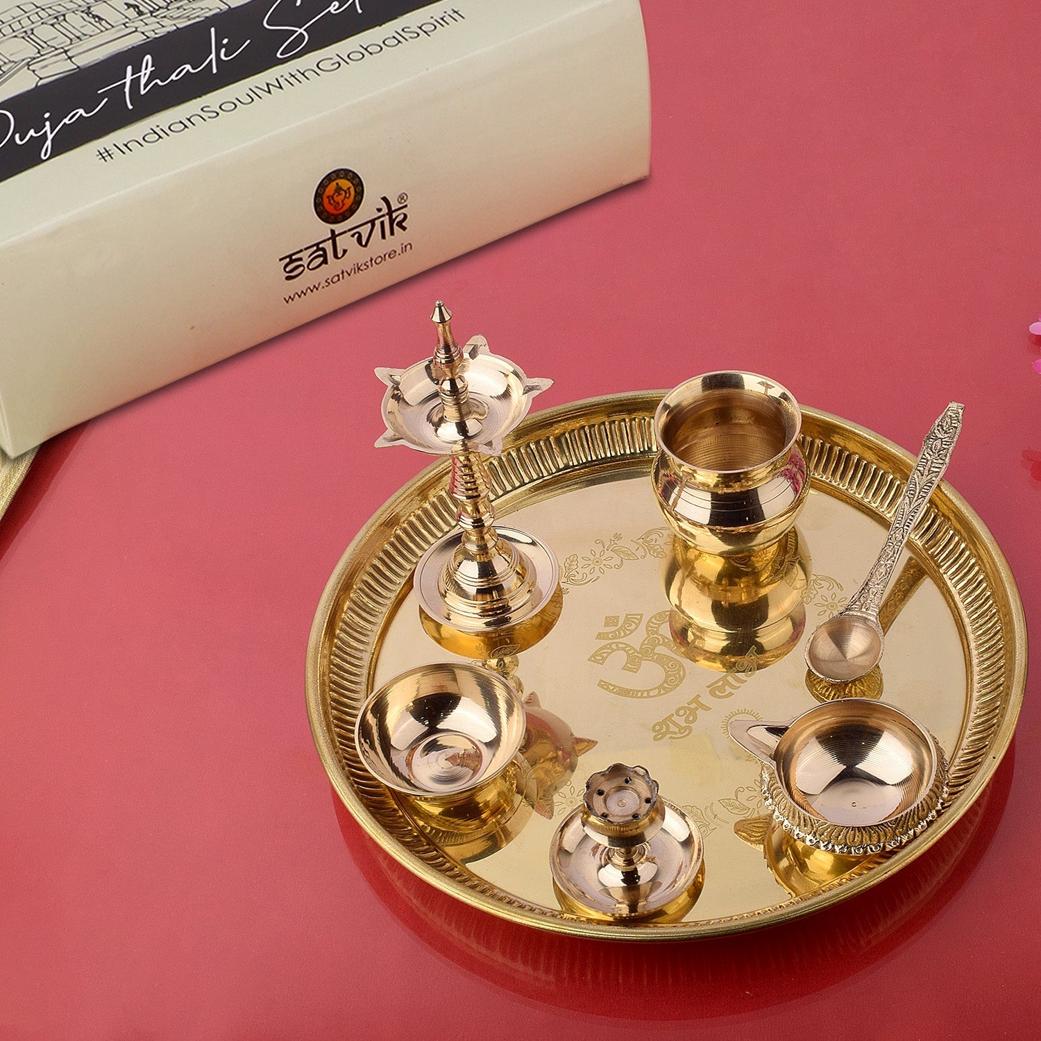 Buy 7 Piece Brass Om Shubh Labh Pooja Thali Set (9 Inch - 10 Inch) Design 5 in India at Best ...