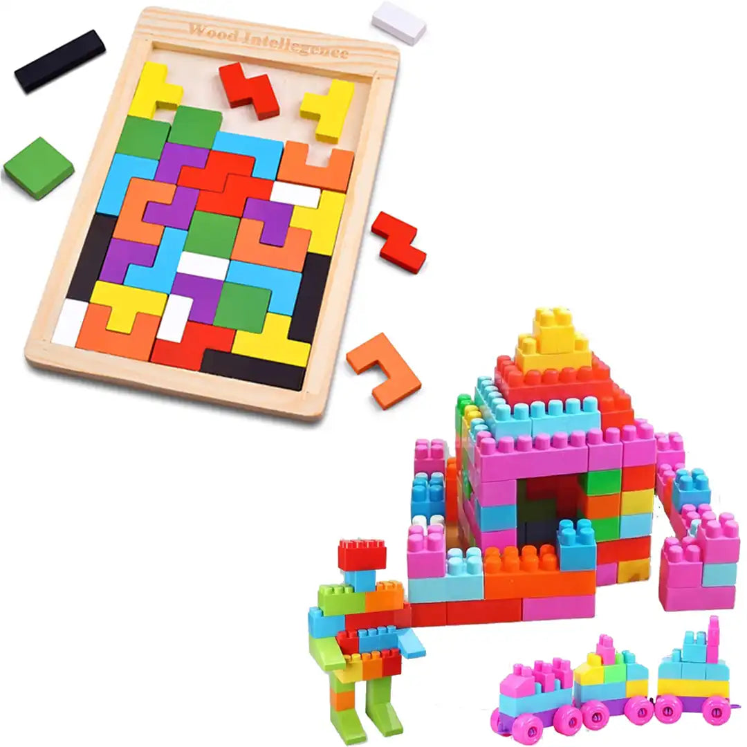 Buy Combo Pack of 2 in 1, 100 Pcs Small Blocks and Wooden Tetris Puzzle ...