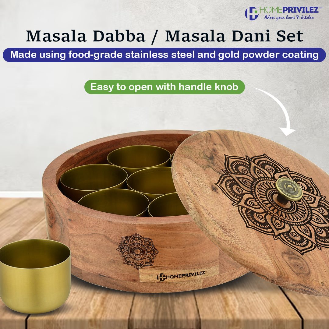 Buy Ethnic Wooden Spice Box/Masala Dabba Set For Kitchen With Engraved ...