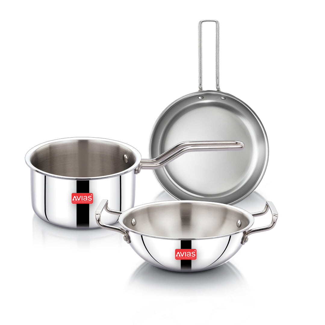 Buy AVIAS AVI3 Triply Stainless Steel 3 Pc Cookware Set (Without Lids ...