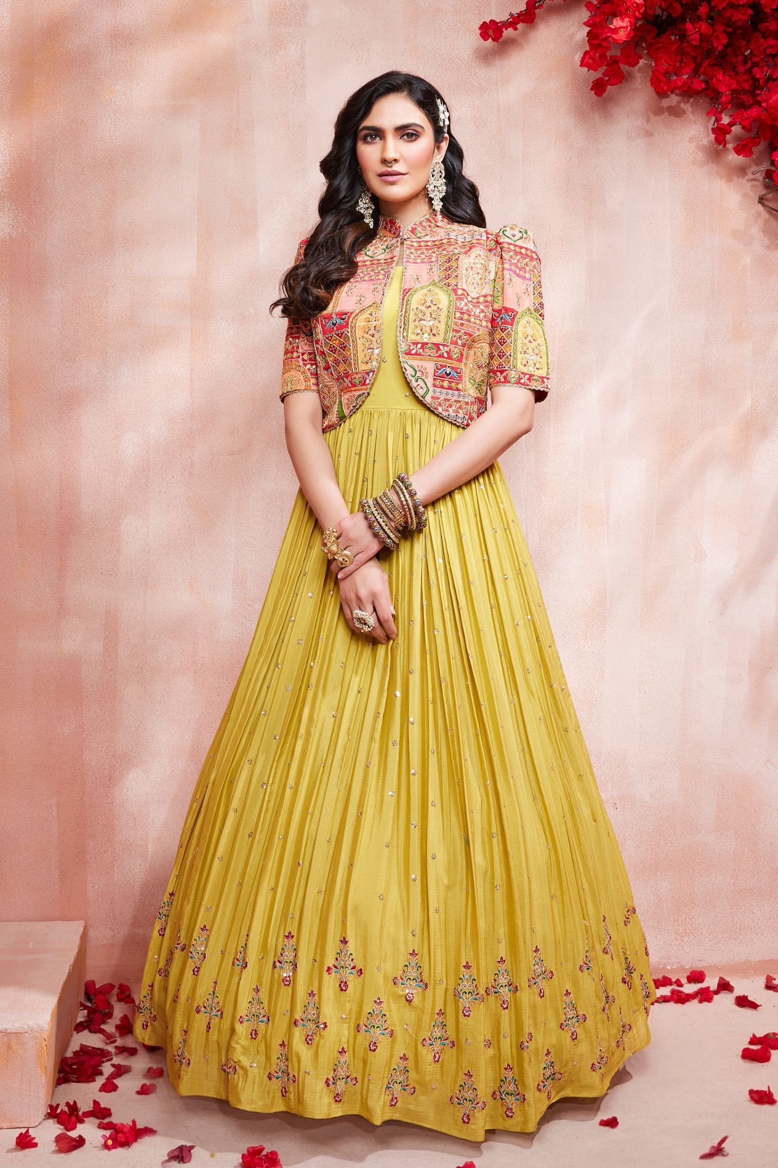 Yellow Multicolor Embroidery with Multicolor Digital Print Jacket Styl ...