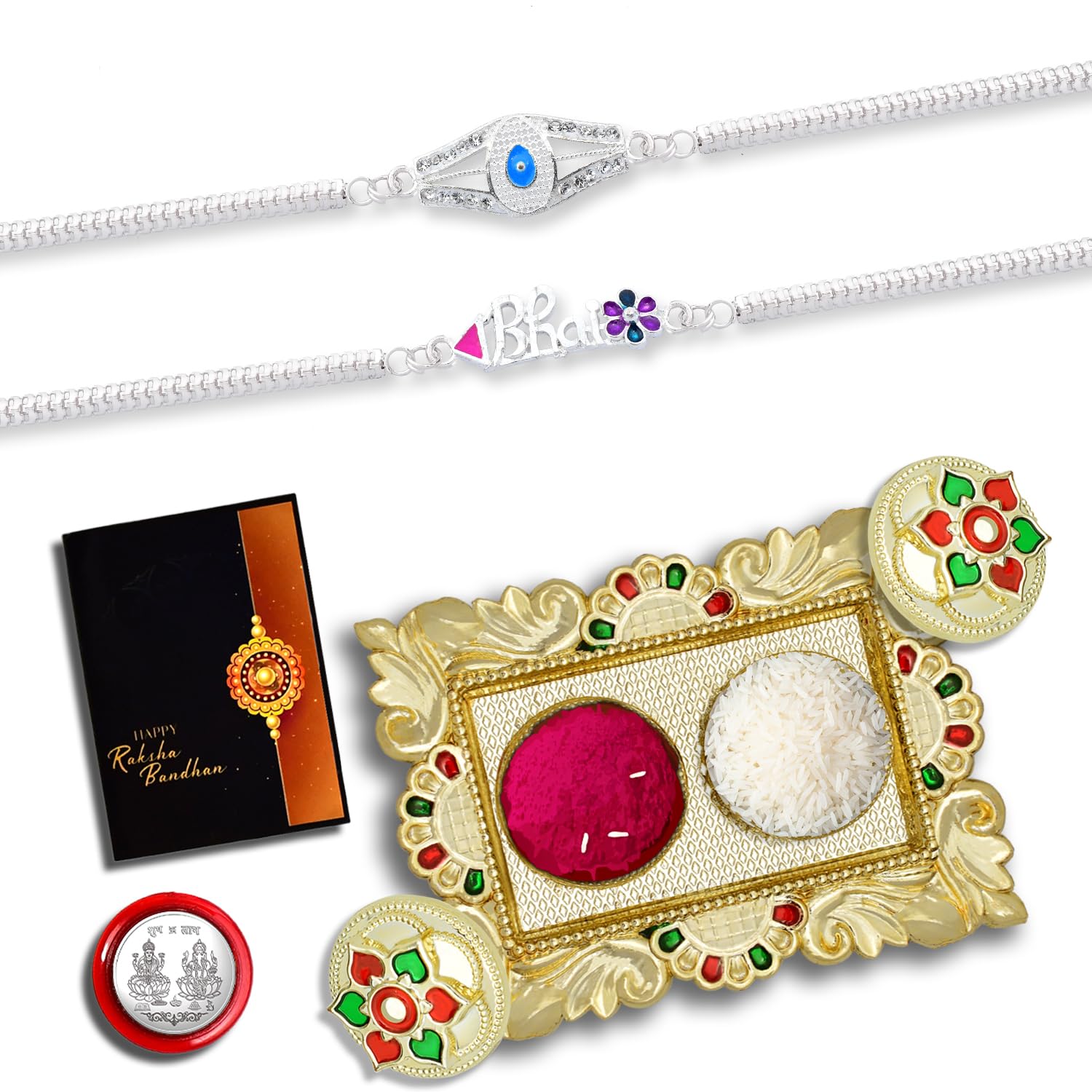 Buy Rakhi Combo with Pooja Coin, Gold Color Pooja Thali / Tilak Set ...