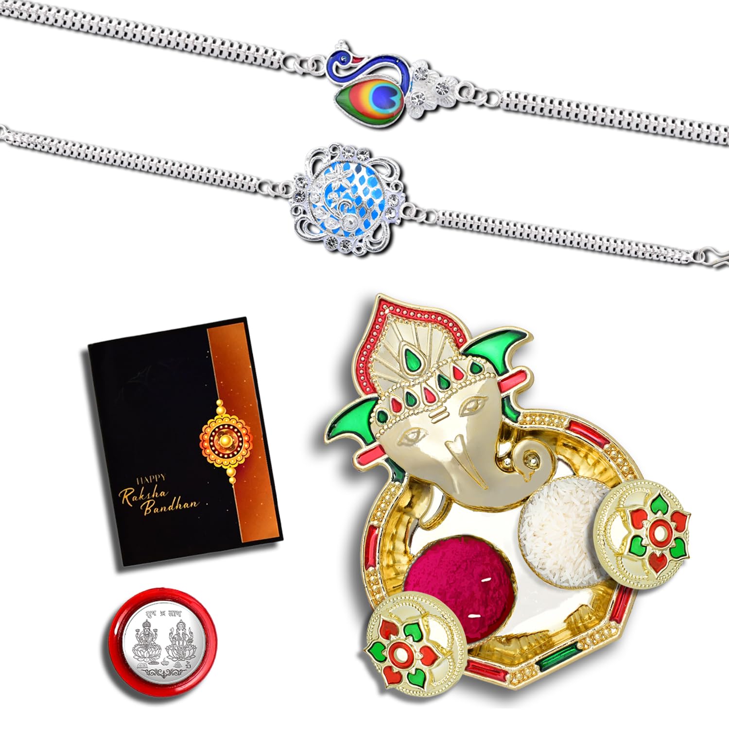Buy Rakhi Combo with Pooja Coin, Shri Ganesh Pooja Thali / Tilak Set ...