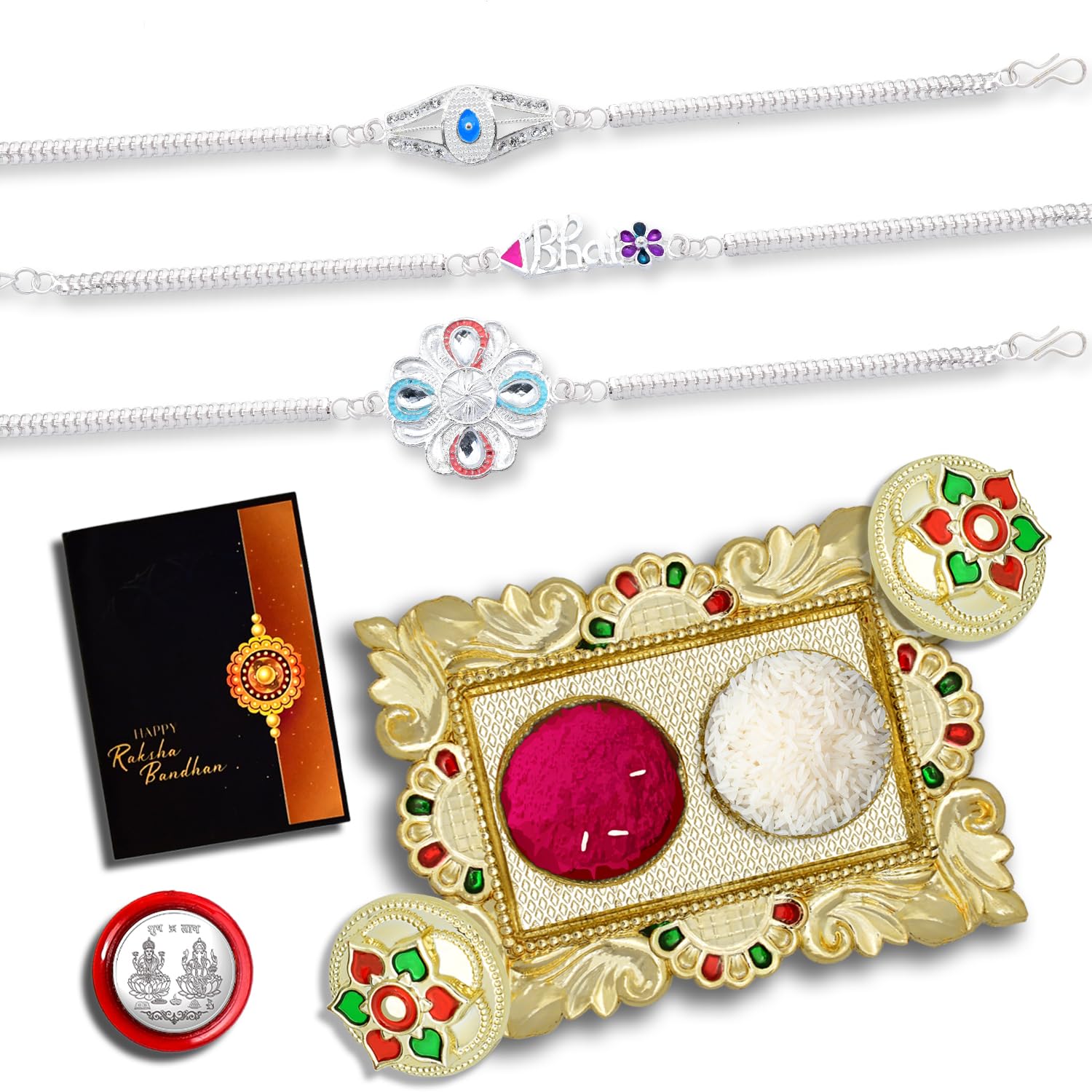 Buy (K3_C31 C32 C33_AA1) Rakhi Combo with Pooja Coin, Gold Color Pooja ...