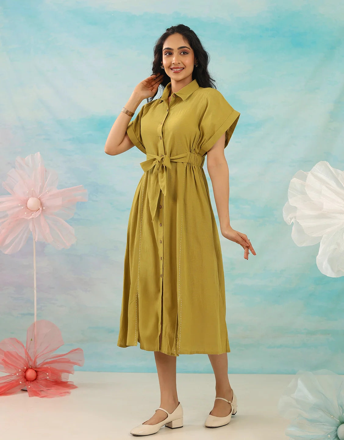 Buy ELEANOR SOLID GREEN MIDI DRESS in India at Best Price - Zop by ...