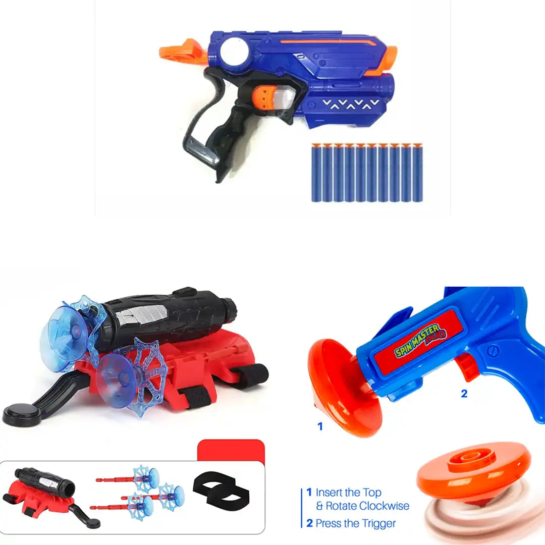 Buy Combo Pack of 3 in 1, Spin Master Duo & Foam Blaster Gun & Spider ...