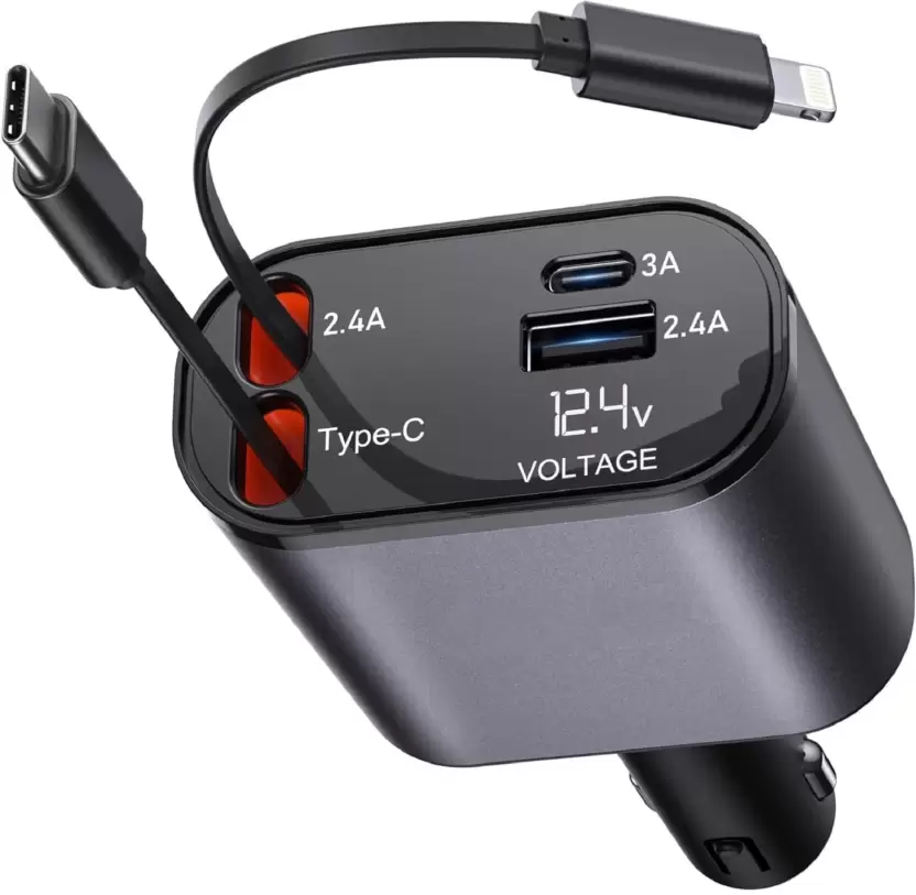 Buy Terminal: 120W 4-in-1 Retractable Car Charger with Voltmeter, QC ...