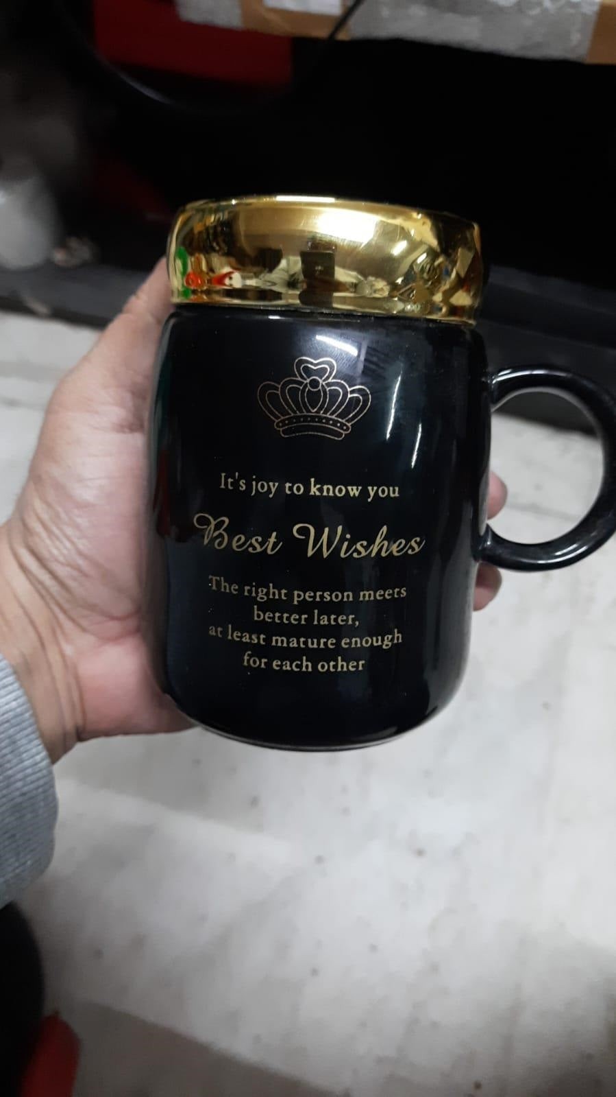 Buy Black Text Ceramic Milk & Coffee Mug With Golden Screw Cap in India ...